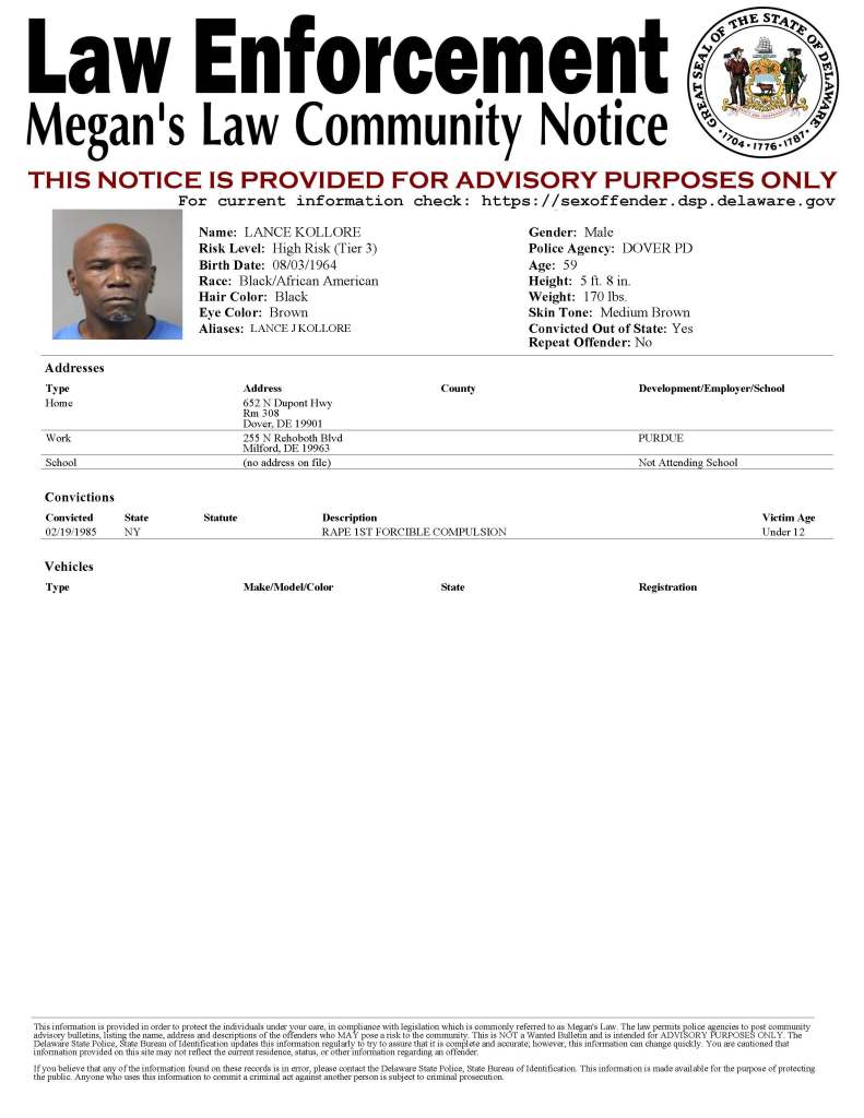 Megan’s Law Sex Offender Notifications 7-26-2024 – City of Dover Police ...